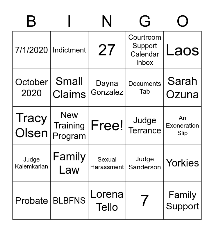 Criminal Courtroom Support Bingo Card