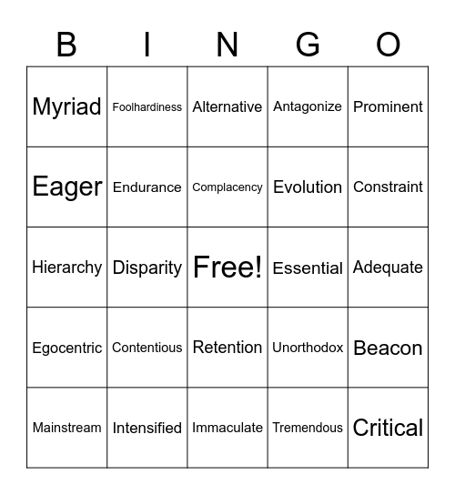 Vocab check Bingo Card