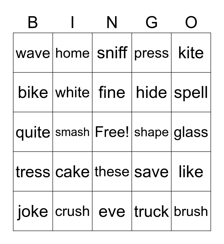 Blends and Silent E Bingo Card