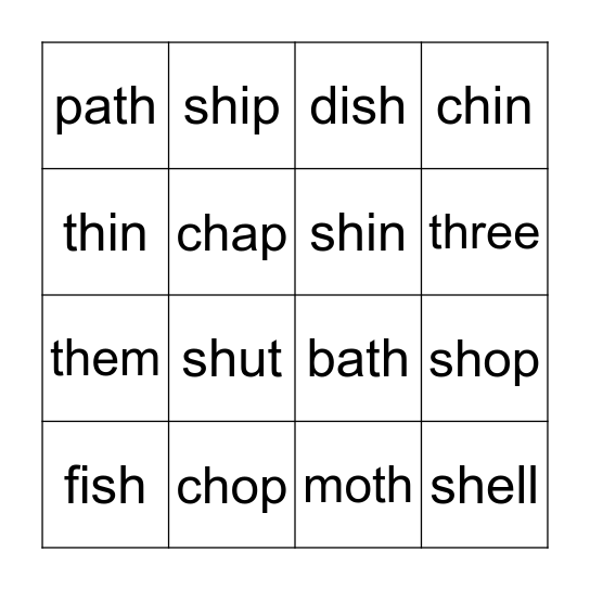 Digraphs Bingo Card