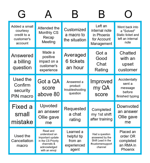 New CS Representative Bingo Card