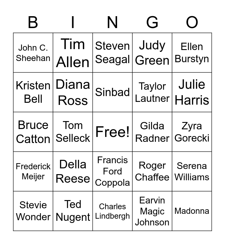 Famous People From Michigan Bingo Card Famous People From Michigan Bingo Card