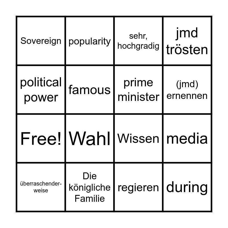 British Royal Family Bingo Card