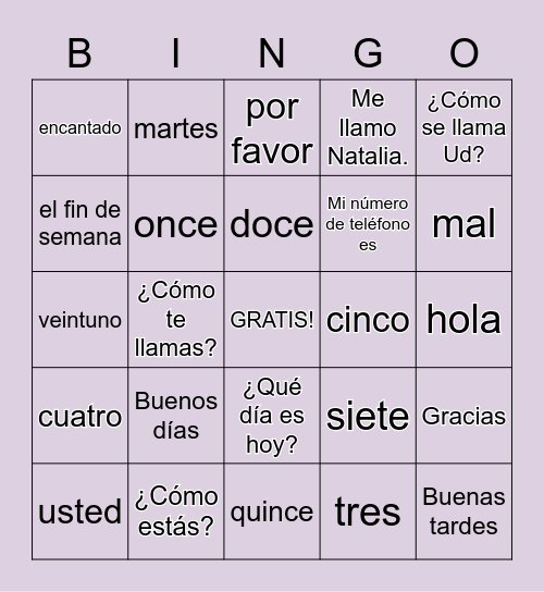 Vocabulario de Lección Preliminar Bingo Card