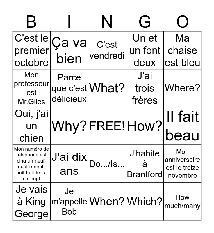 Les Questions Bingo Card