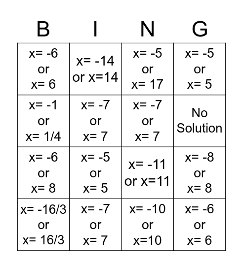 Absolute Value Equations Bingo Card