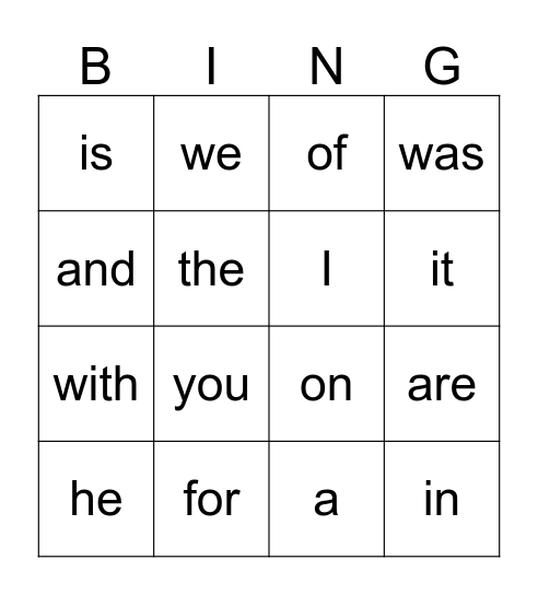 Sight Words 1 - 20 Bingo Card