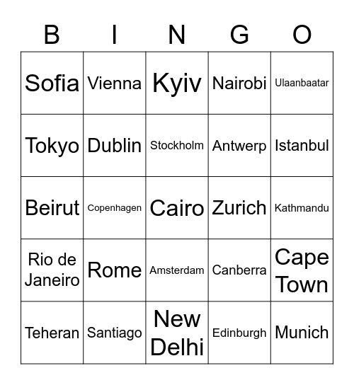 World Cities I, 2 & 3 Bingo Card