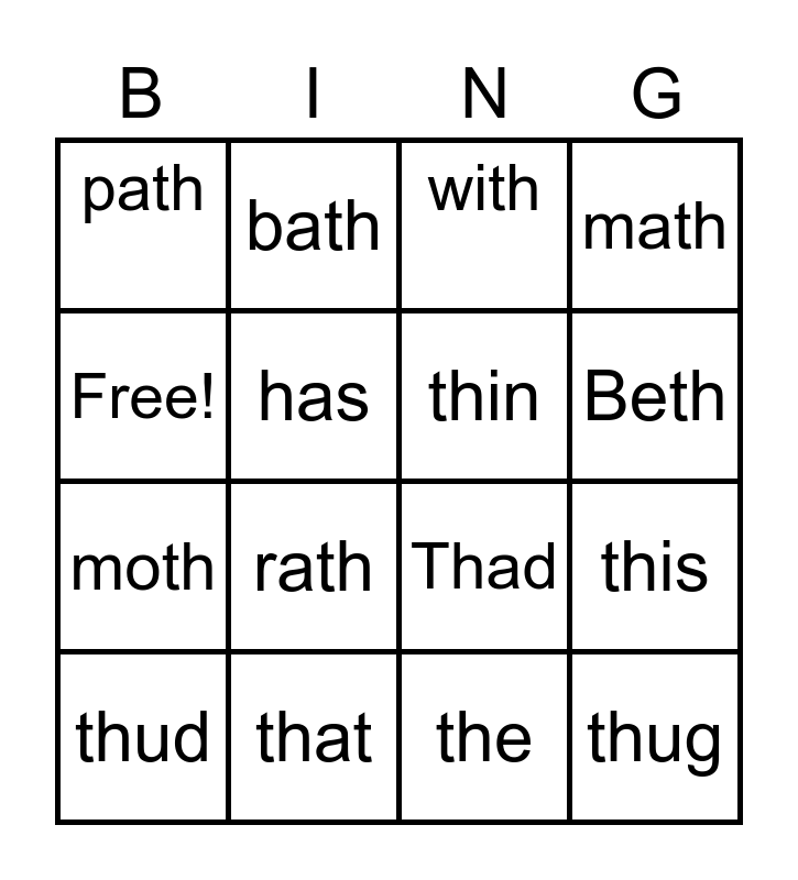 Digraph /th/ Bingo Card