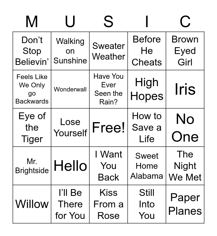 Music Bingo Card