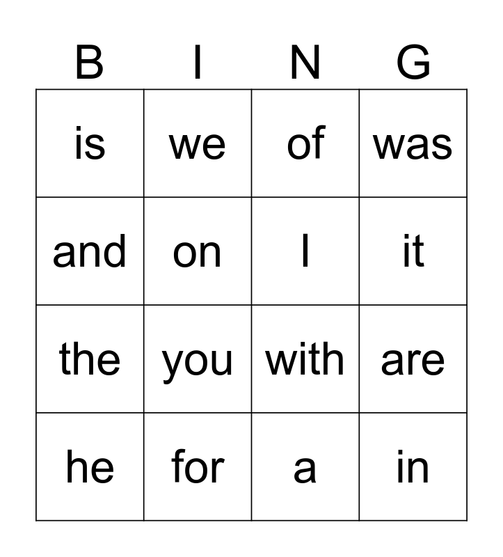 Sight Words 1 - 20 Bingo Card