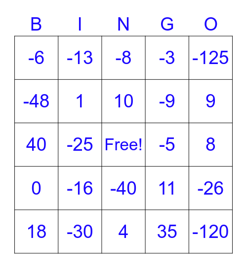 Integer Bingo Card