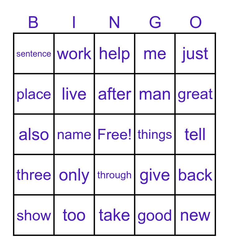 Fry Words 101-150 Bingo Card