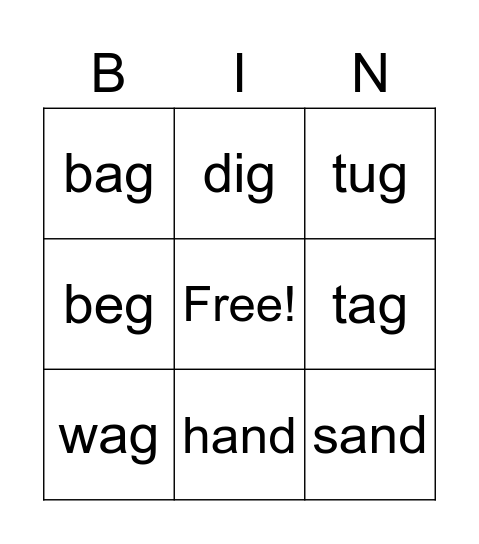 Word families Bingo Card