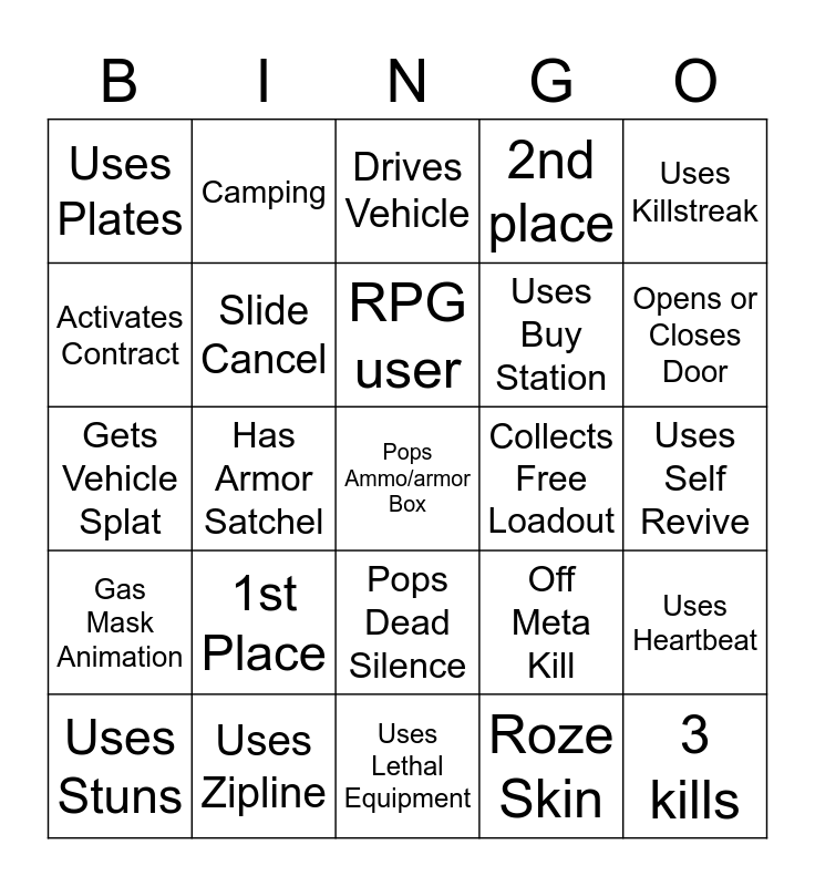 Warzone Bingo Solos Bingo Card