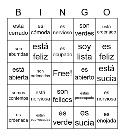 ser/estar Bingo Card