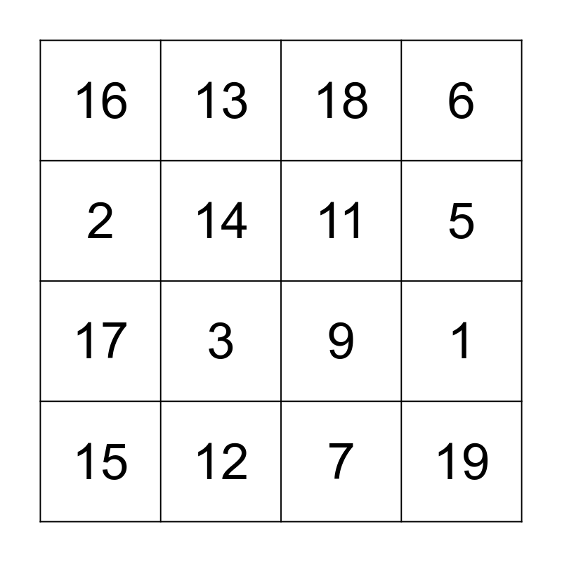 Bingo - Los números de 1 al 20 Bingo Card