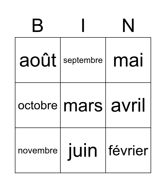 Mois de l'année Bingo Card