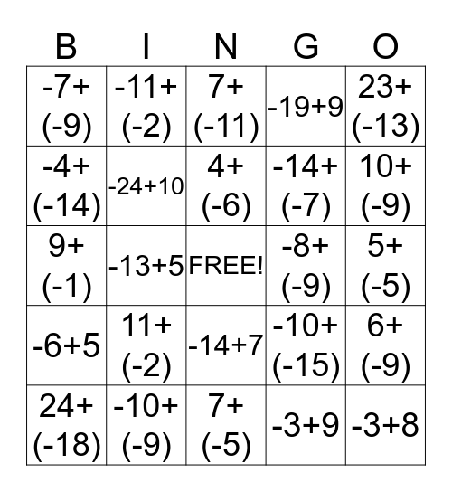 Integer Bingo Card