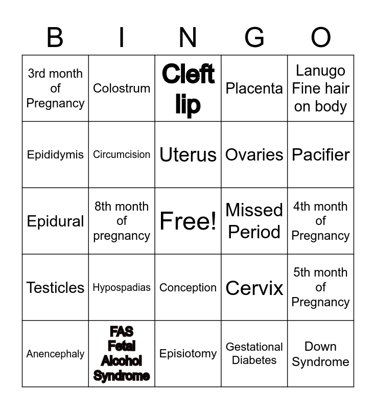 Prenatal Bingo Card