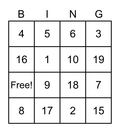 Bingo Numbers (0-20) Bingo Card