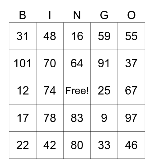 Números 32-100 Bingo Card