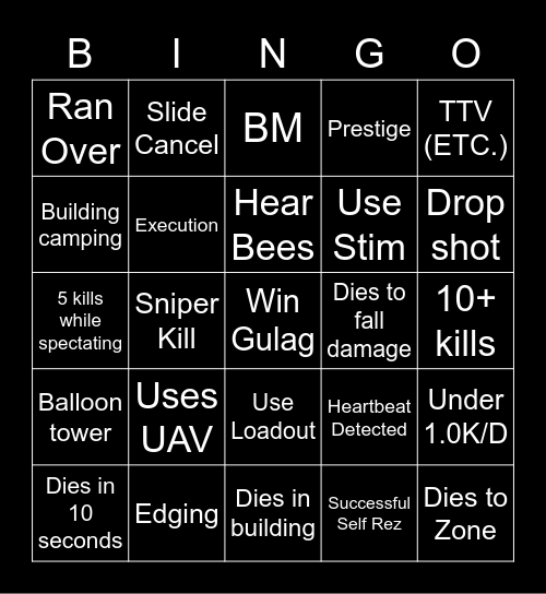 Warzone Bingo Card