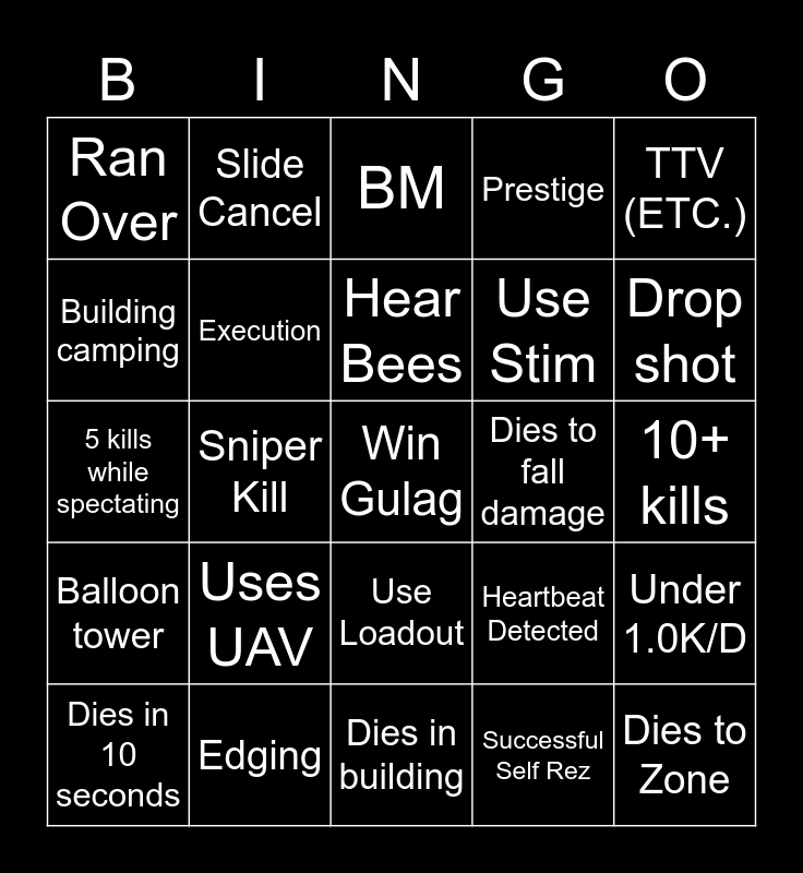 Warzone Bingo Card