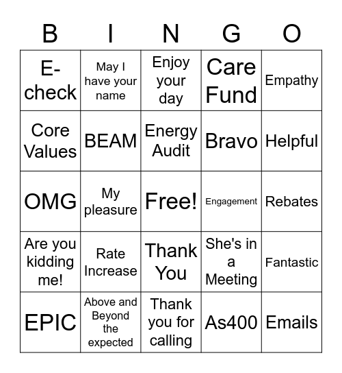 Customer Service Bingo Card