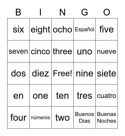 Números En Español (Numbers in Spanish) Bingo Card