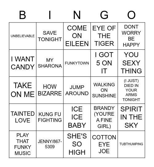 ONE HIT WONDERS Bingo Card
