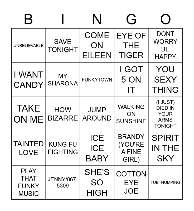 ONE HIT WONDERS Bingo Card