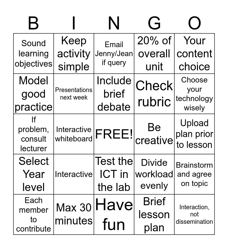 Student group activity Bingo Card