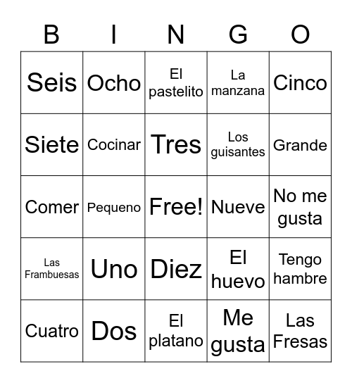 Spanish #2 Bingo Card