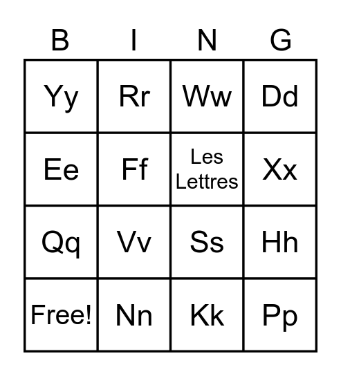 Les Lettres Bingo Card