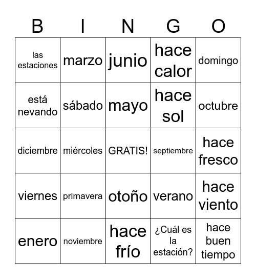 greetings, días,y meses Bingo Card