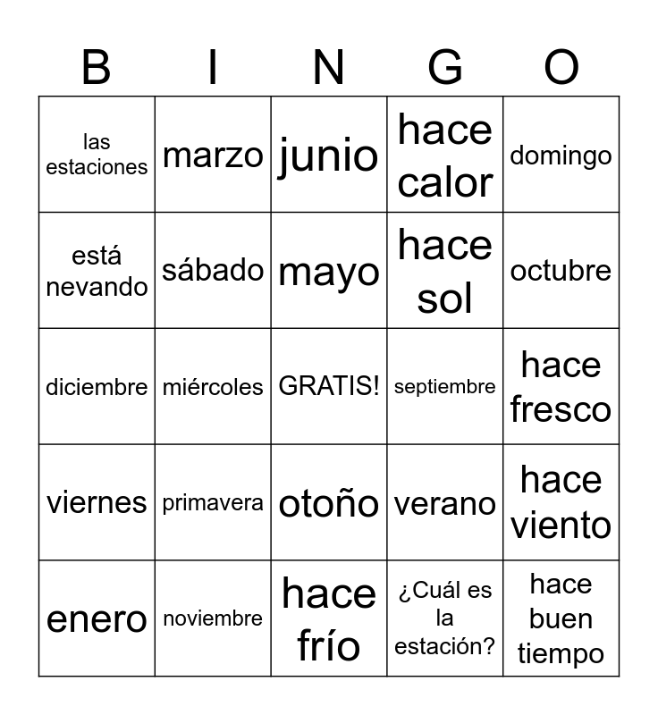 greetings, días,y meses Bingo Card