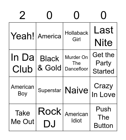 2000s Music Bingo Round 1 Bingo Card