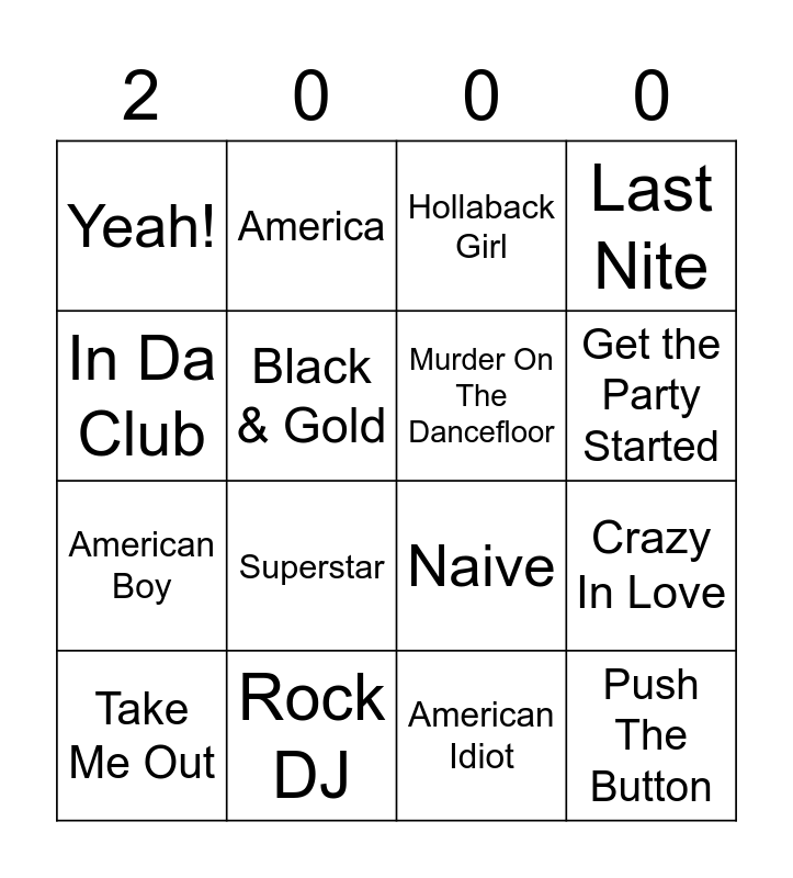 2000s Music Bingo Round 1 Bingo Card