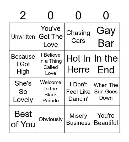2000s Music Bingo Round 3 Bingo Card