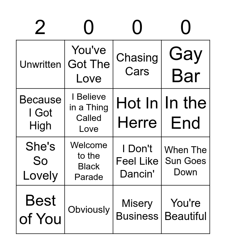 2000s Music Bingo Round 3 Bingo Card