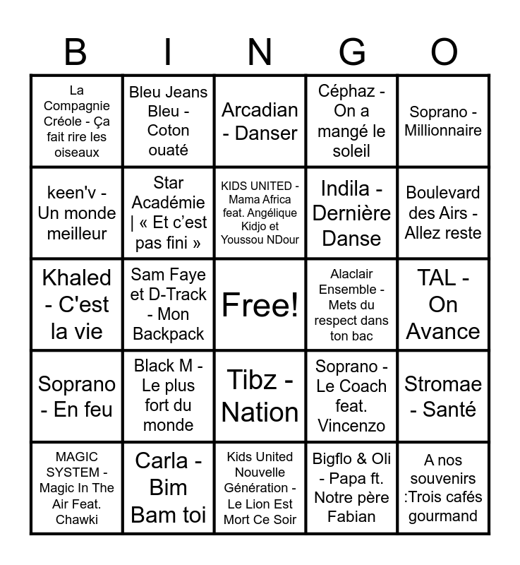 La musique de la francophonie Bingo Card