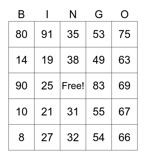 Number Bingo 1-100 Bingo Card