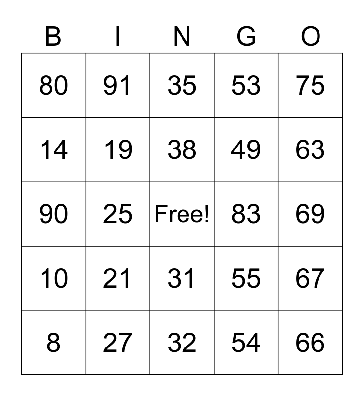 Number Bingo 1-100 Bingo Card
