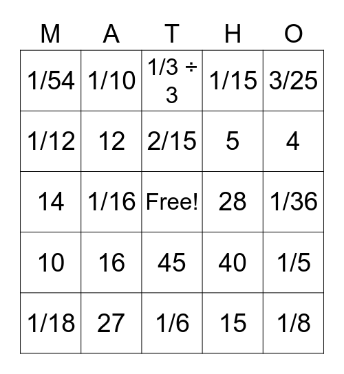 Dividing Decimals Bingo Card