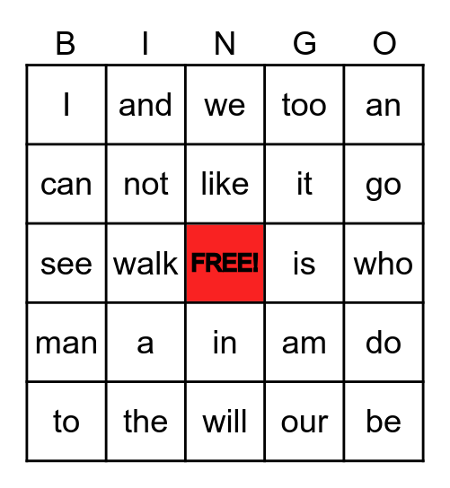 High Frequency Word Bingo Card