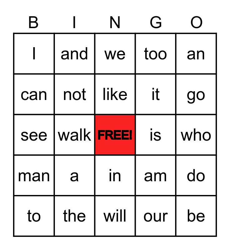 High Frequency Word Bingo Card