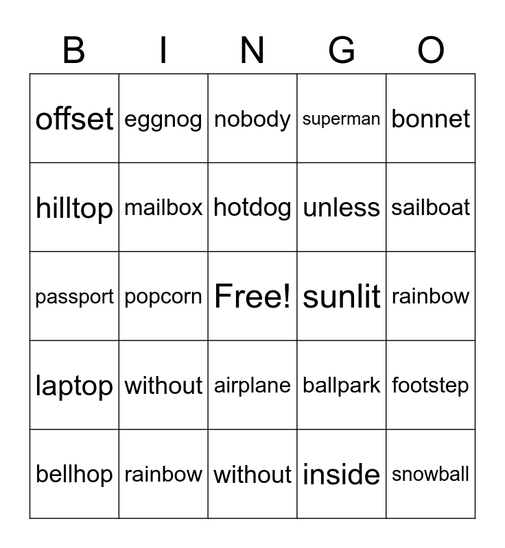 compound words Bingo Card