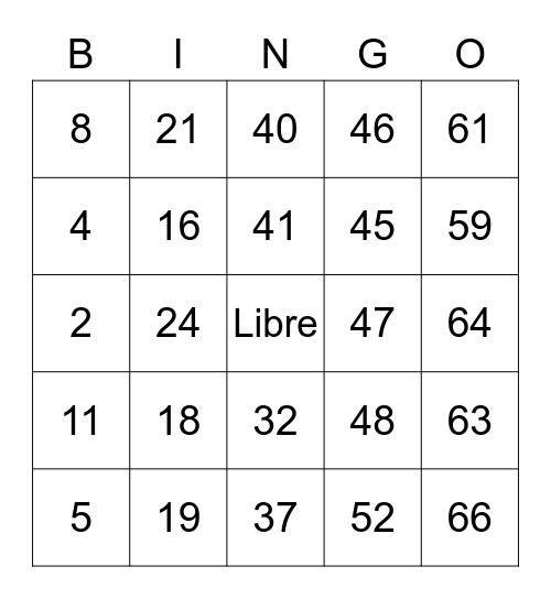 Nombres 0 à 69 Bingo Card