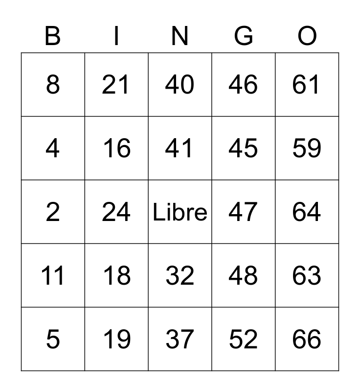 Nombres 0 à 69 Bingo Card